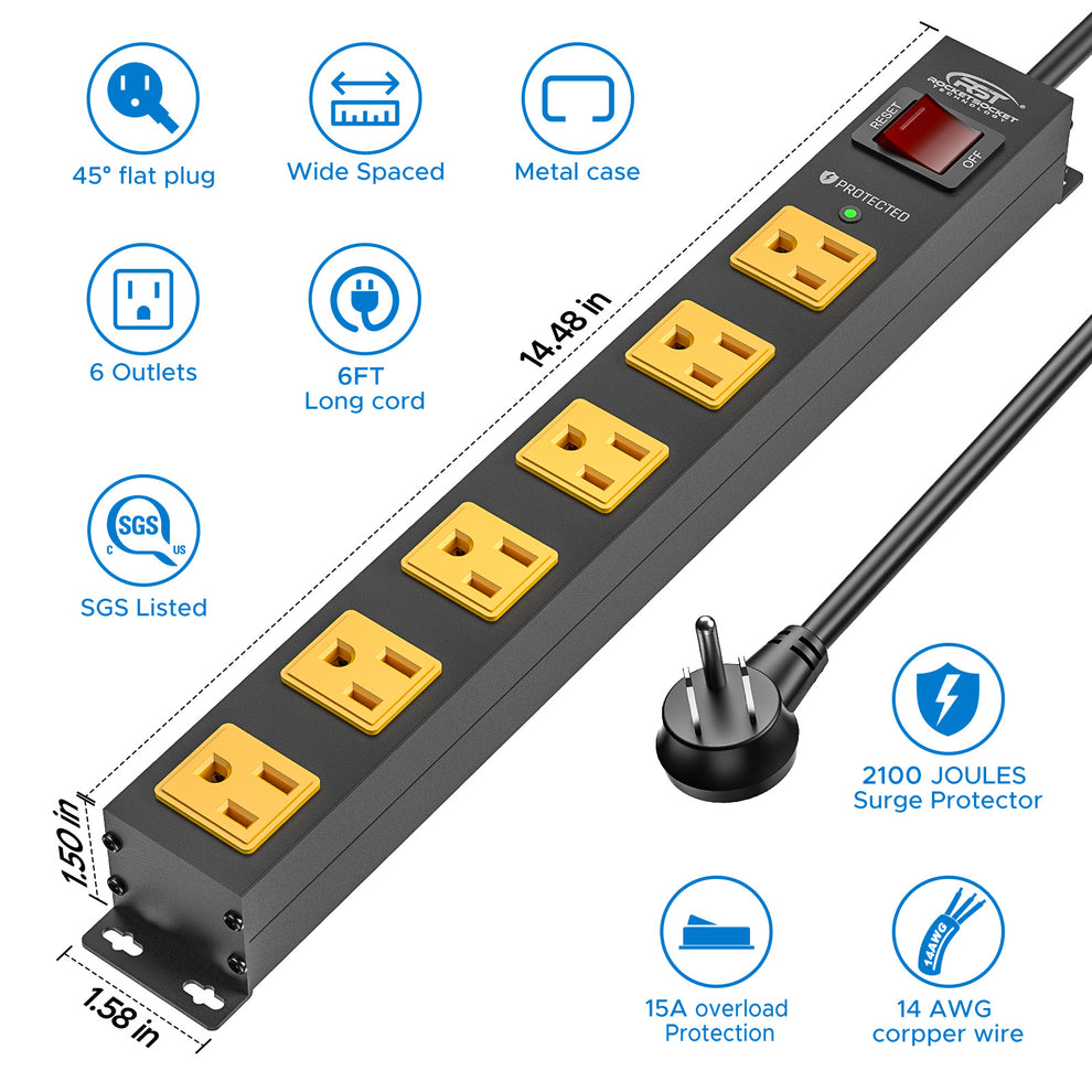 CRST 6 Outlets Wide Spaced Mountable Metal Power Strip Surge Protector ...